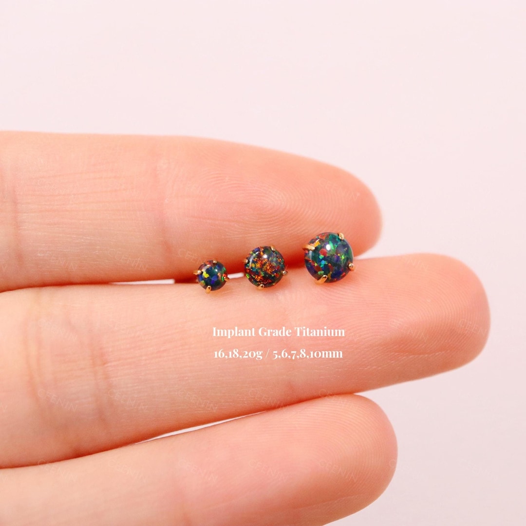 Titanium Black Spark Opal Threadless Push Pin Labret, Opal Flat Back Earring, Cartilage Earring ...