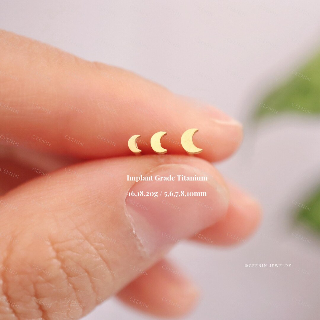 Titanium Crescent Moon Threadless Push Pin Labret, Moon Flat Back Stud, Cartilage Tragus Helix ...