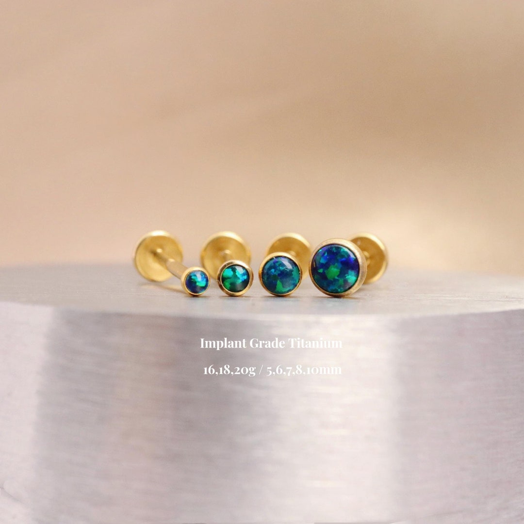 Titanium Dark Green Opal Threadless Push Pin Labret, Opal Flat Back ...