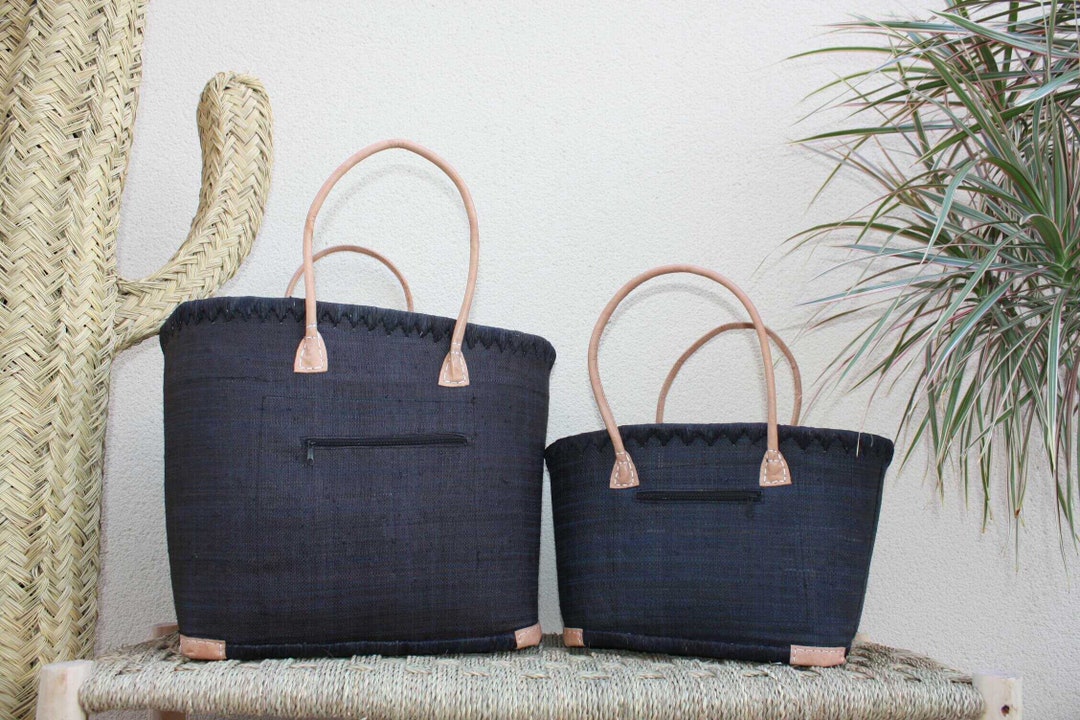 Black Rabane Embroidered Basket - Tote Bag With Long Handles - Zipped ...