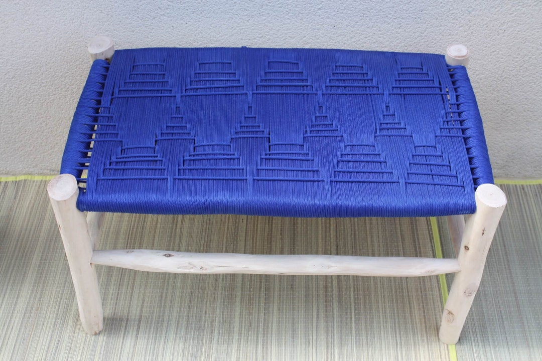SUPERB BENCH in BLUE Nylon Braiding Lemon Tree Wood Hand Braided Bench ...