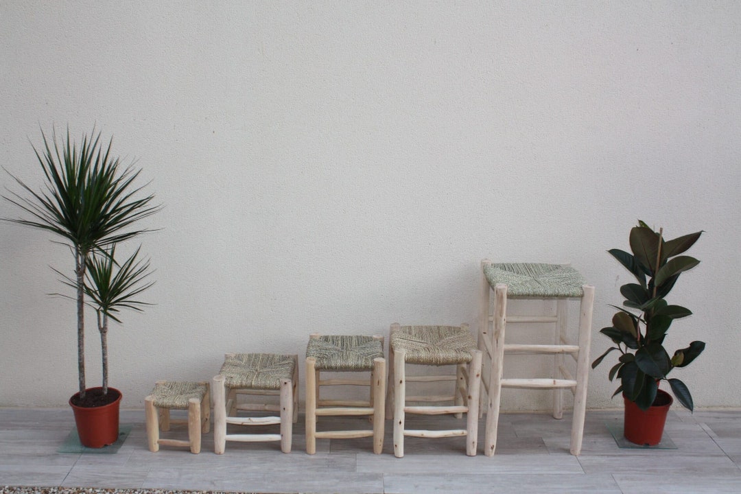 WOODEN Stool - HANDMADE - 5 Sizes - Handcrafted Palm Tree Rope Braiding ...