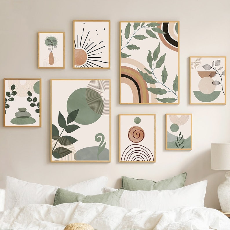 Set of 9 Rainbow Geometry Leaves Sun Abstract Boho Wall Art - Etsy