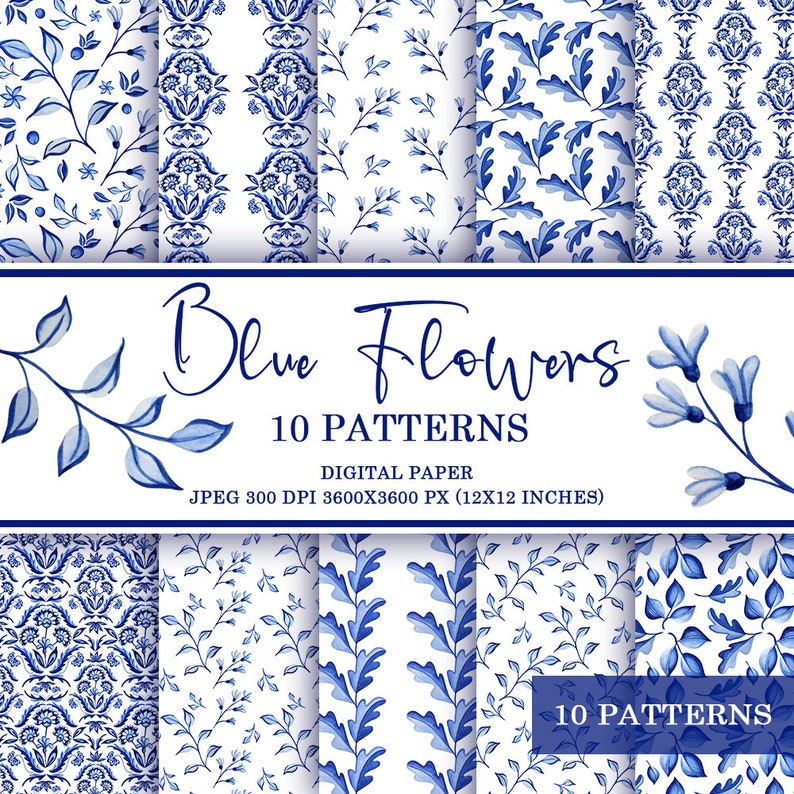 Blue Flowers Digital Paper Pack. Seamless Pattern, Digital Background ...