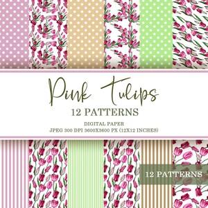 Pink Tulips Digital Paper Pack. Seamless Pattern, Digital Background ...