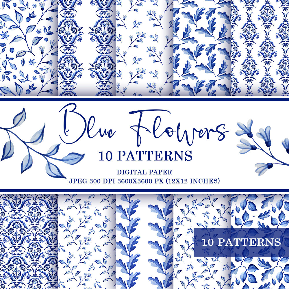Blue Flowers Digital Paper Pack. Seamless Pattern, Digital Background ...