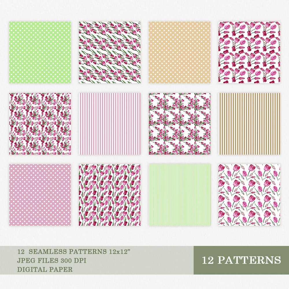 Pink Tulips Digital Paper Pack. Seamless Pattern, Digital Background ...