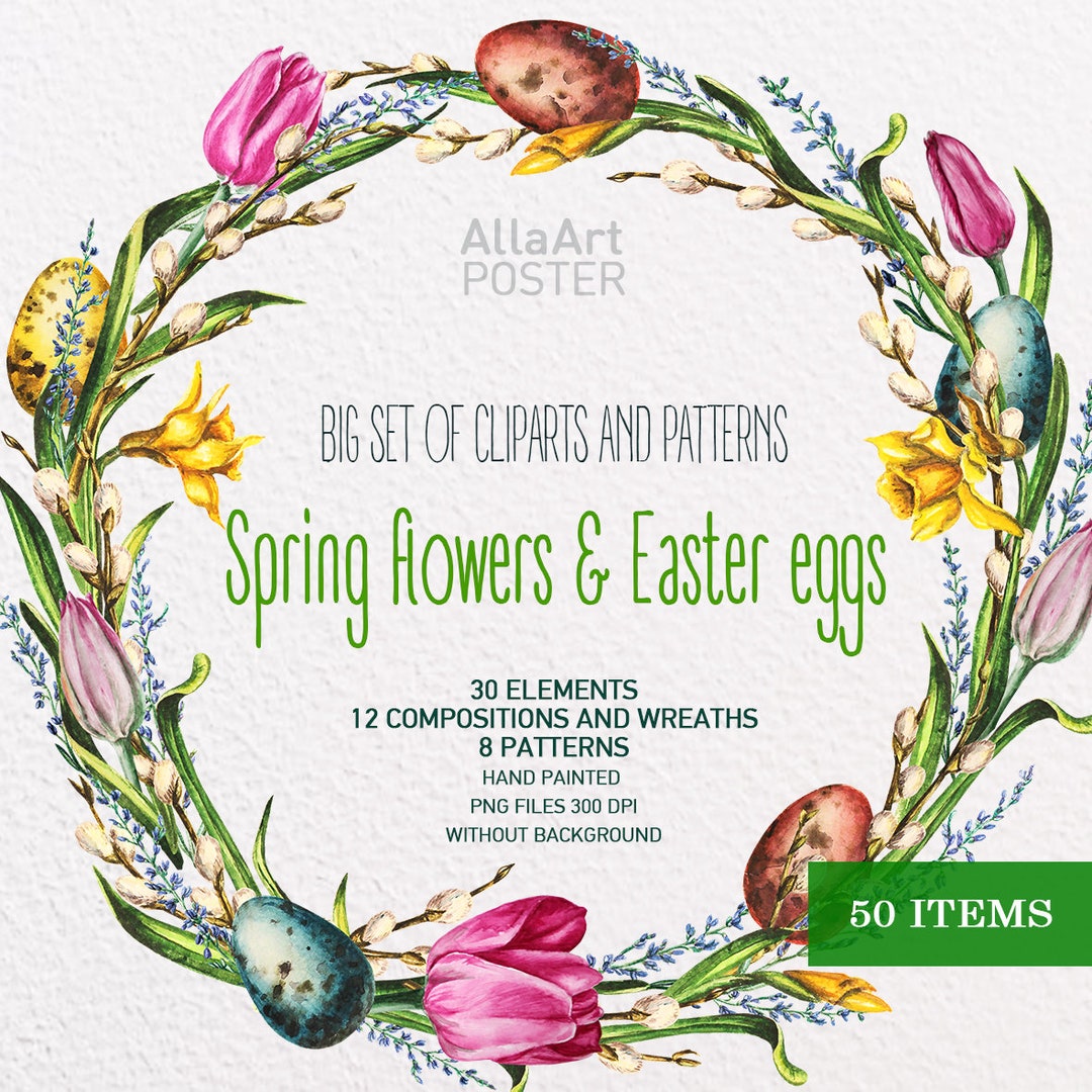 Set of Watercolor Spring Flowers and Easter Eggs Hand Painted Clipart ...