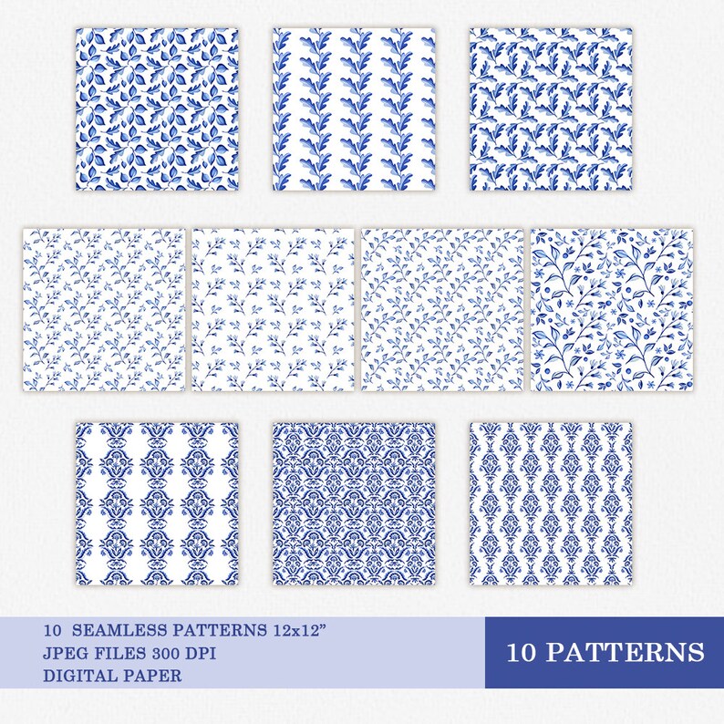 Blue Flowers Digital Paper Pack. Seamless Pattern, Digital Background ...