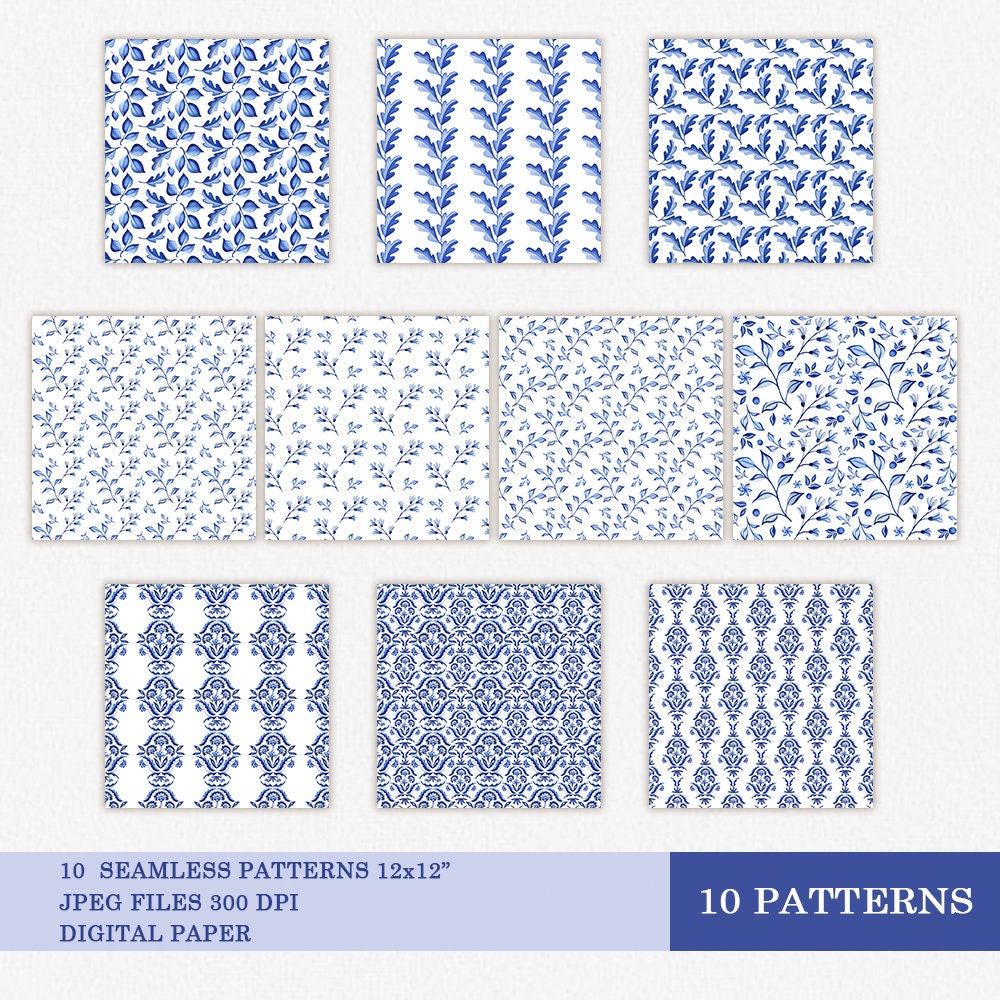 Blue Flowers Digital Paper Pack. Seamless Pattern, Digital Background ...