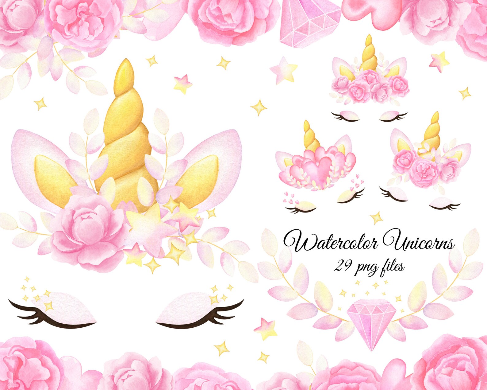 Unicorn Faces Watercolor Clipart. Heads Unicorn With Flowers - Etsy