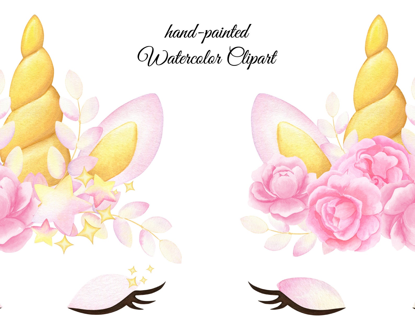 Unicorn Faces Watercolor Clipart. Heads Unicorn With Flowers, Floral ...
