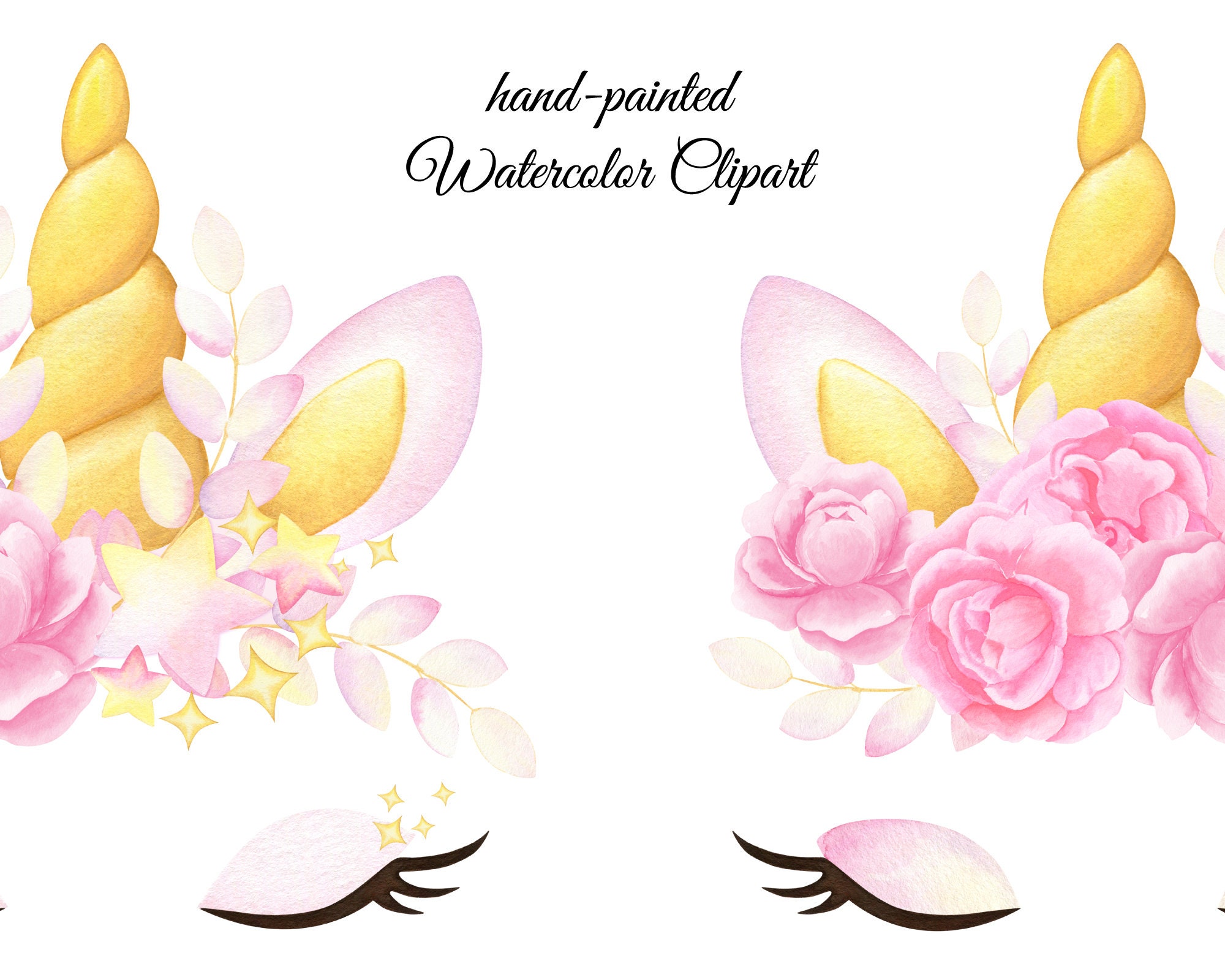 Unicorn Faces Watercolor Clipart. Heads Unicorn With Flowers, Floral ...