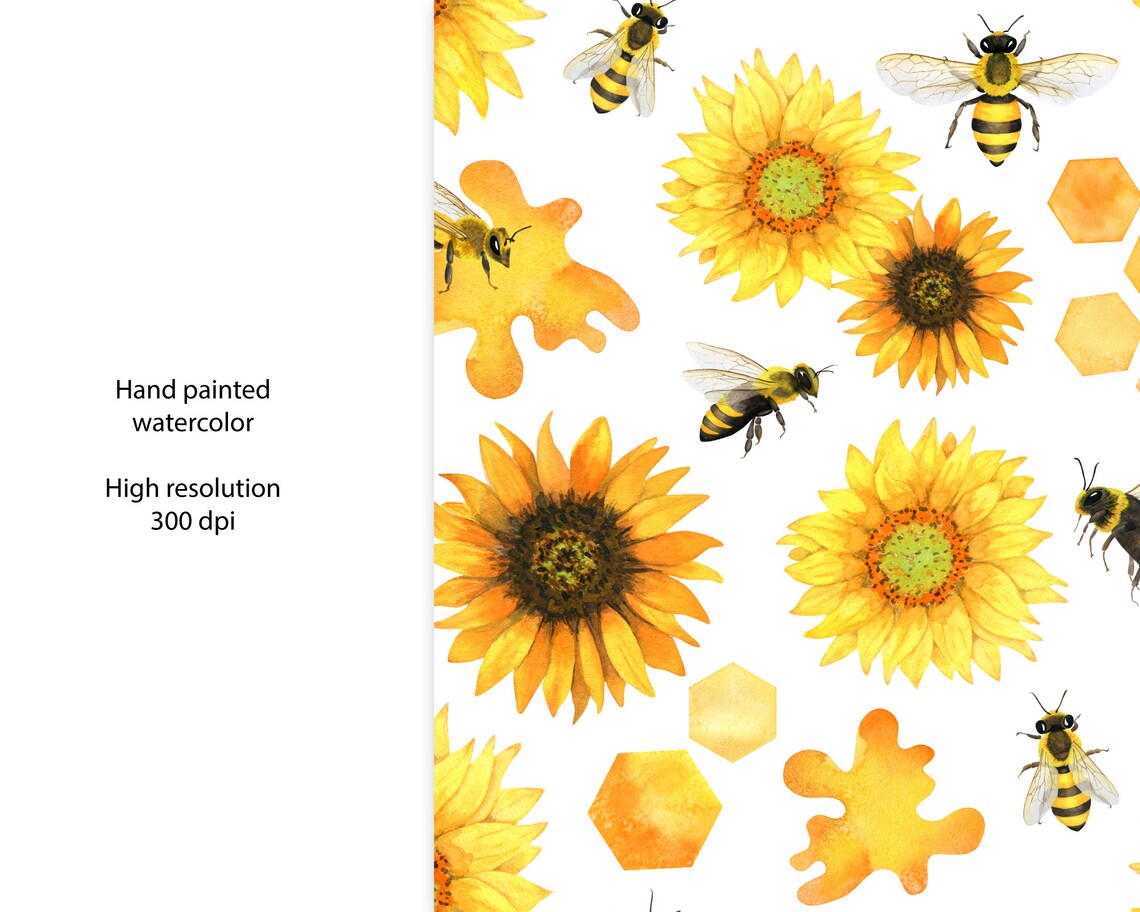 Sunflowers & Honey Bee Digital Paper, Repeat Seamless Pattern ...