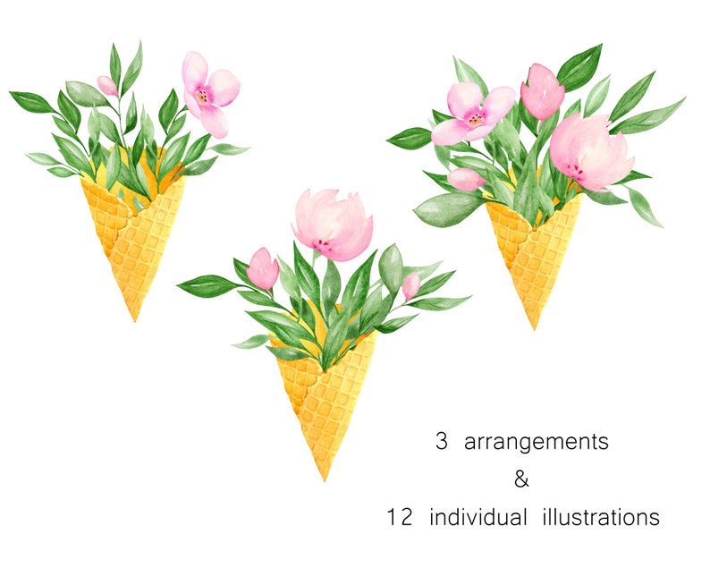 Watercolor Floral Ice Cream Clipart. Hello Spring Png. Blush Pink ...