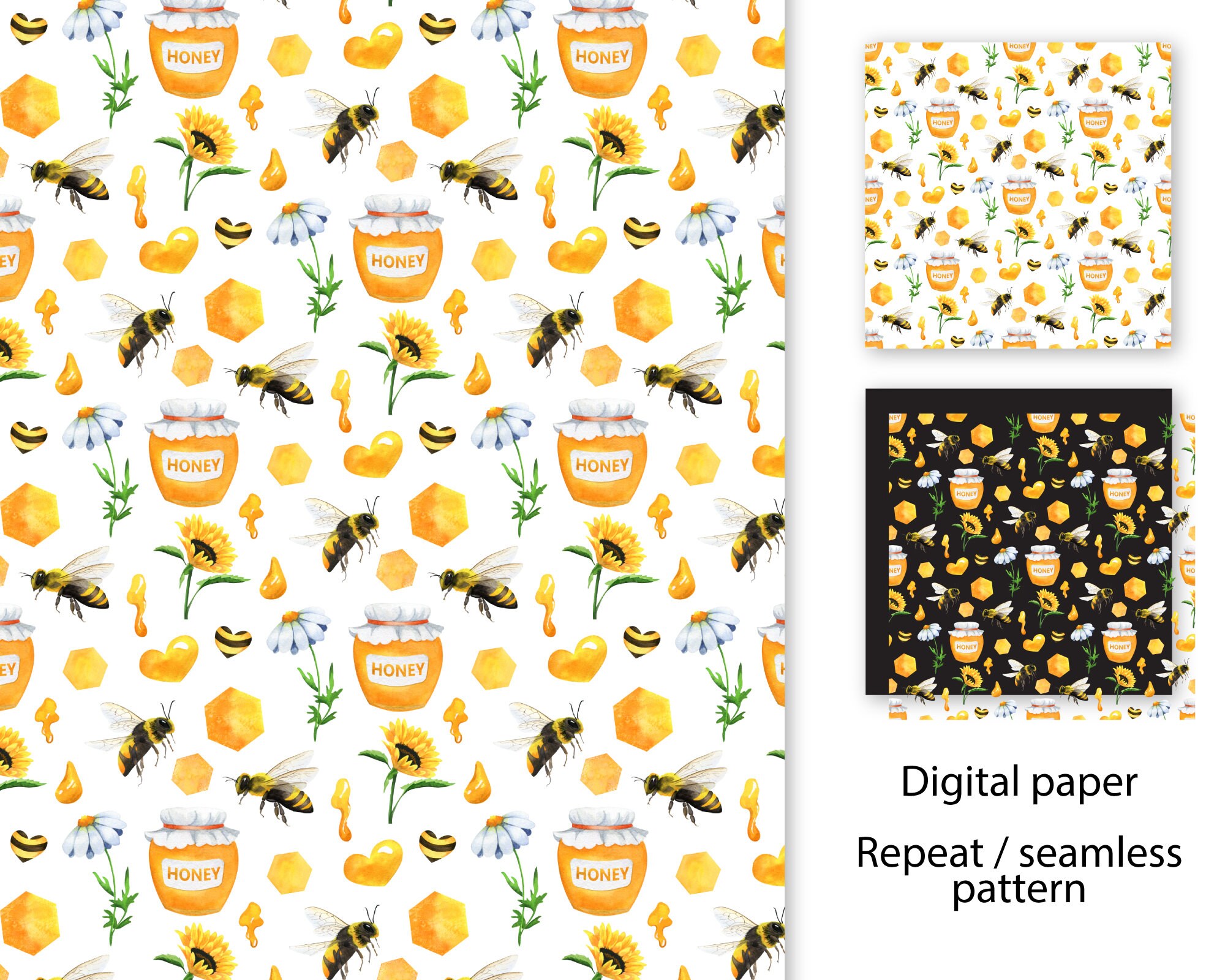 Honey Bee Digital Paper Repeat Seamless Pattern Watercolor - Etsy