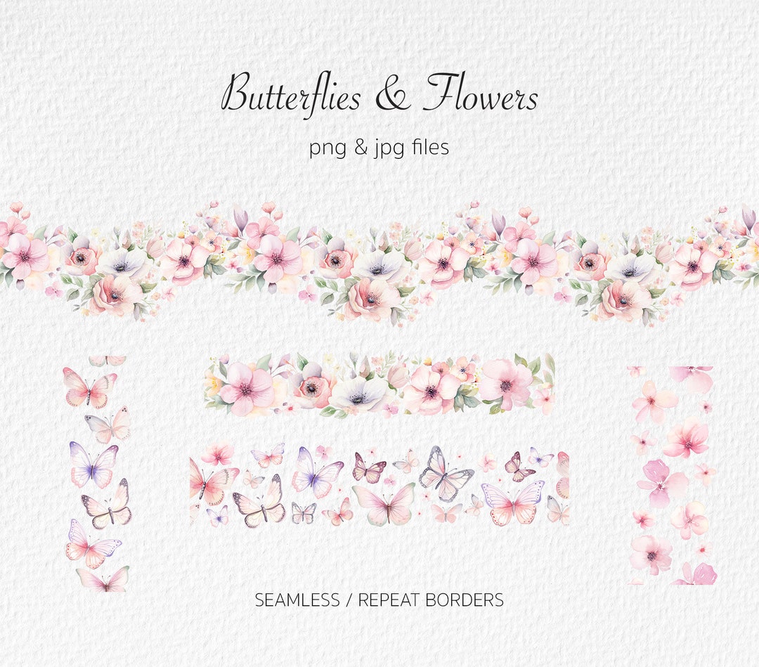 Butterflies and Flowers Seamless Border PNG - Hand-painting Watercolor ...