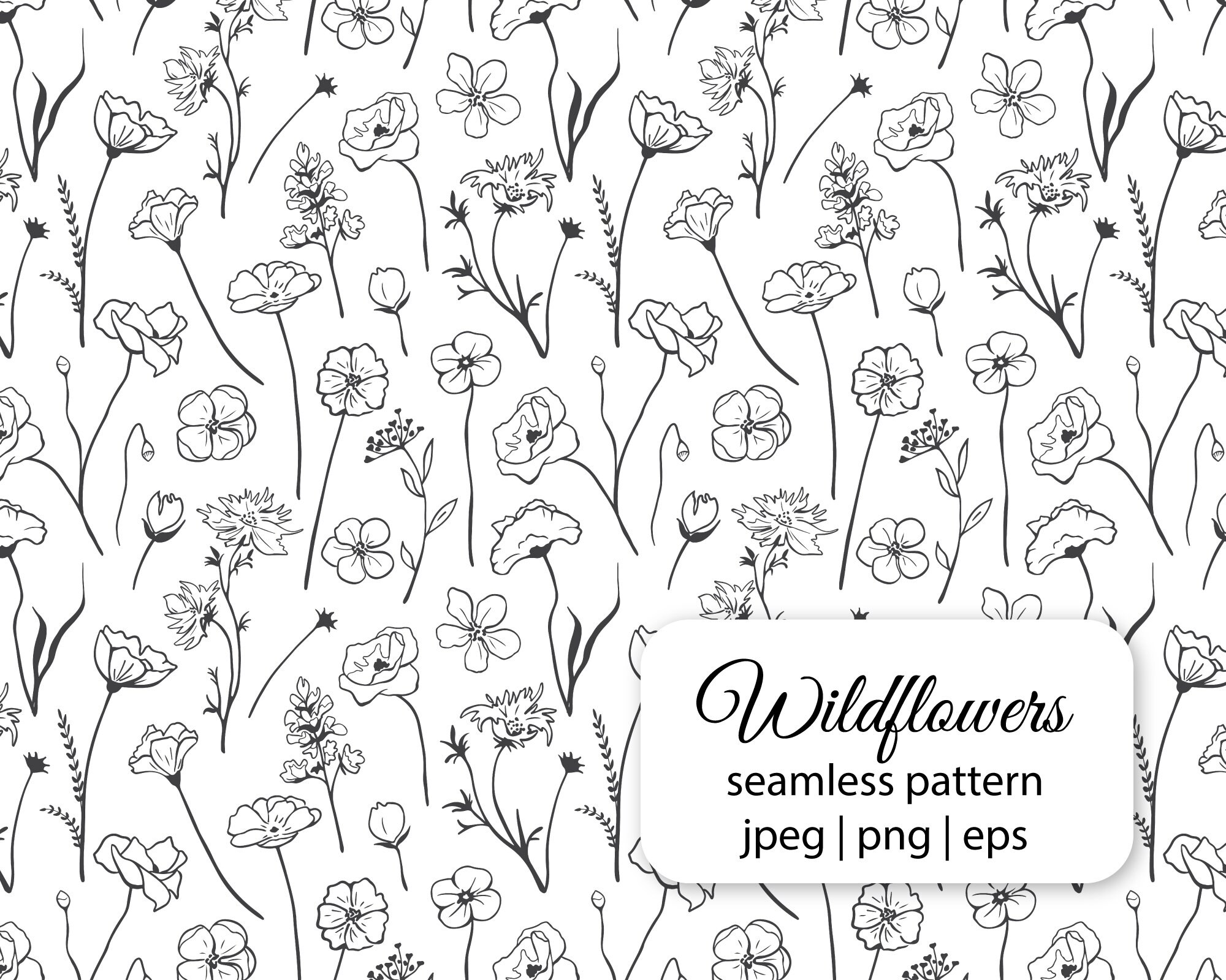 Wildflowers Lineart Seamless Pattern. Hand Drawn. Doodle - Etsy