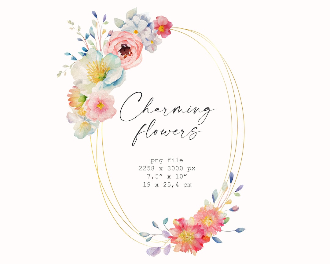 Watercolor Floral Wreath Clipart, Oval Wreath, Delicate Flowers, Golden ...