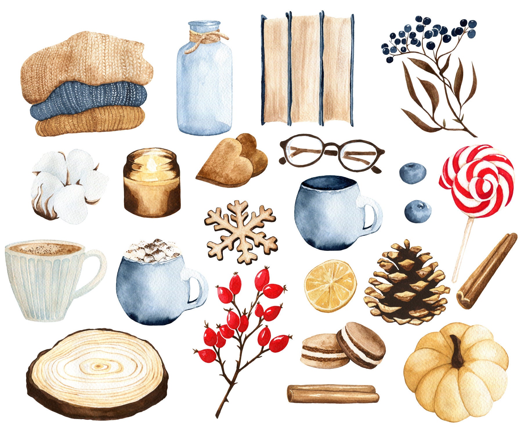 Cozy Winter Watercolor Clip Art. Winter Cups Clipart. | Etsy