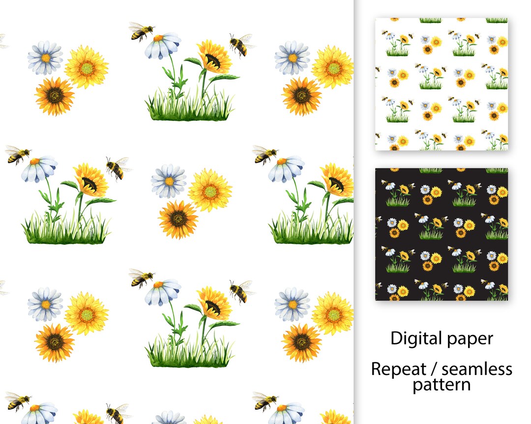 Summer Digital Paper With Bee and Flowers, Repeat Seamless Pattern ...