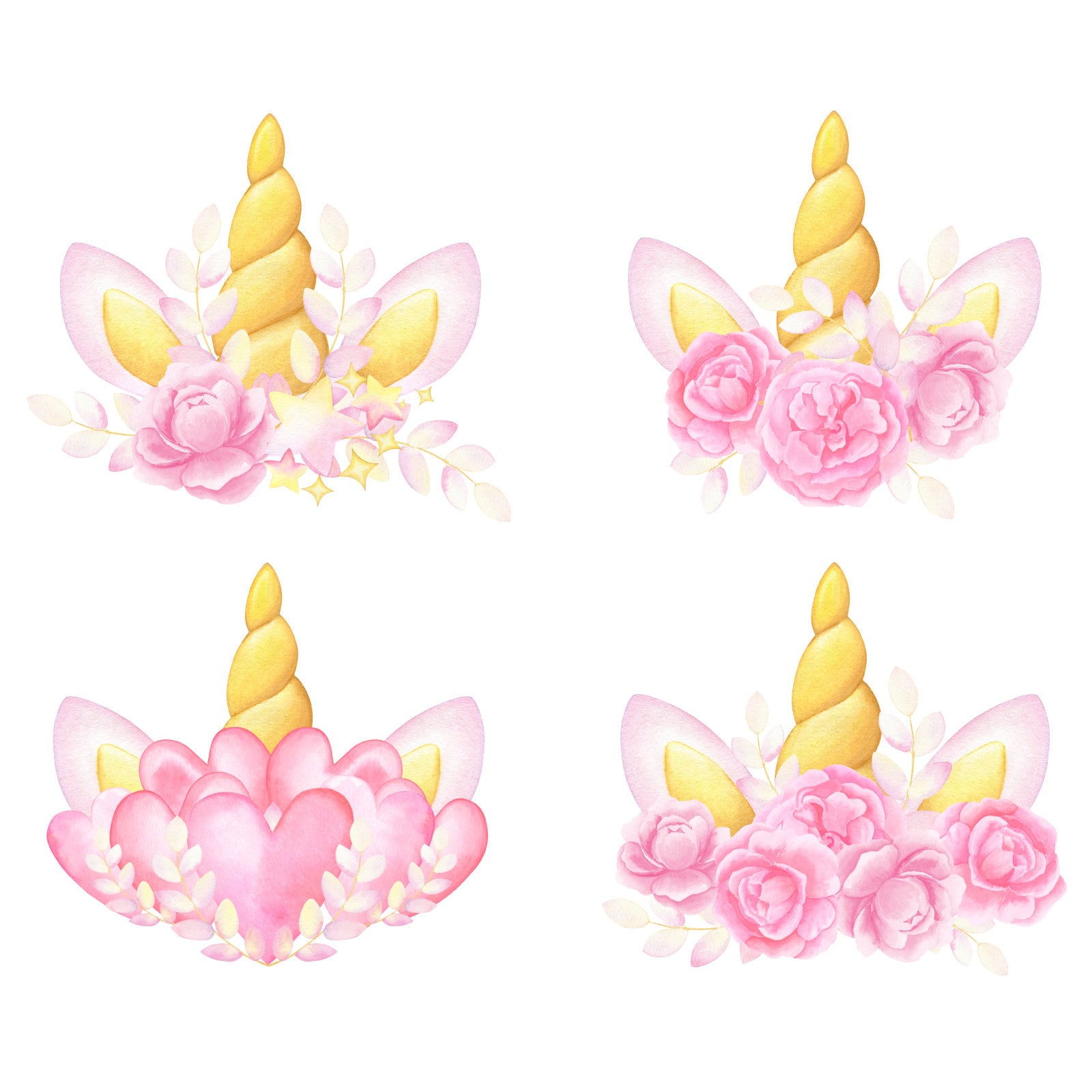 Unicorn Faces Watercolor Clipart. Heads Unicorn With Flowers - Etsy