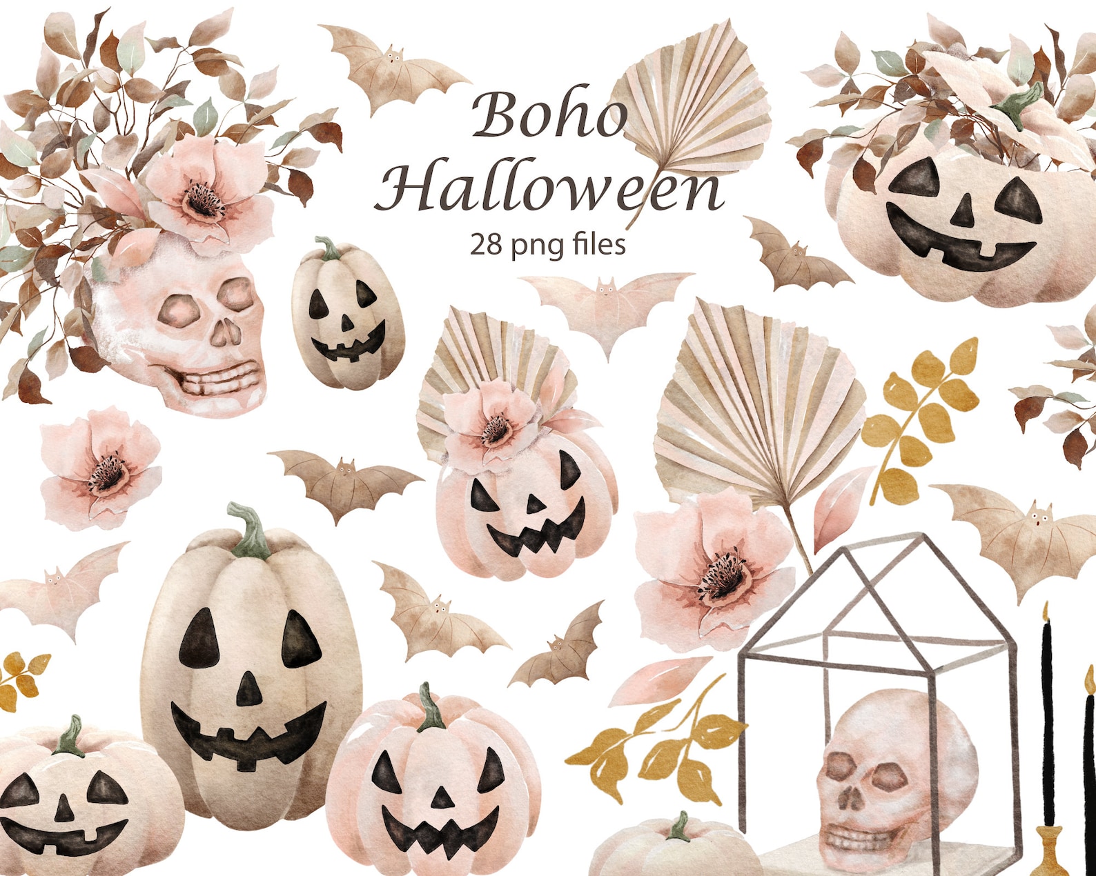 Halloween Boho Clipart Watercolor Illustrations Pumpkins - Etsy
