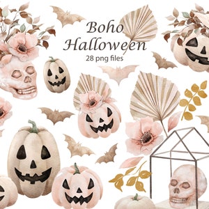 Halloween Boho Clipart, Watercolor Illustrations, Pumpkins, Bats, Scull ...