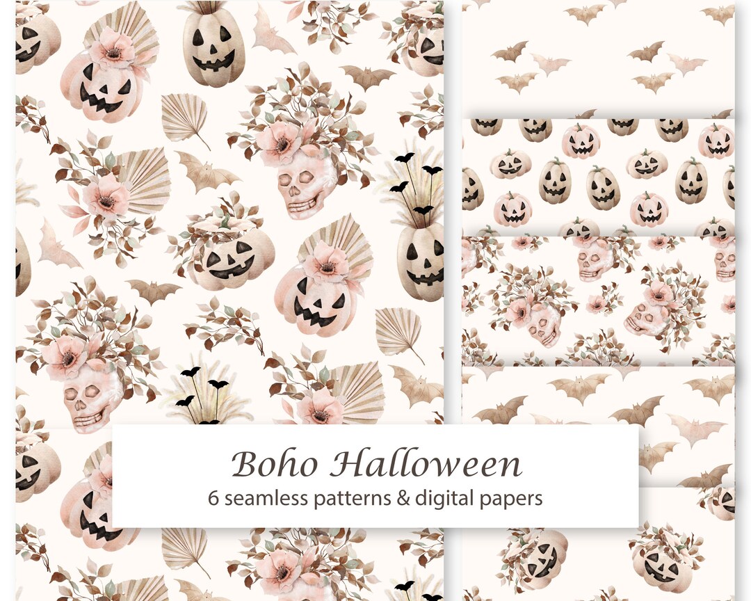 Halloween Boho Digital Paper, Watercolor Seamless Pattern, Cute ...