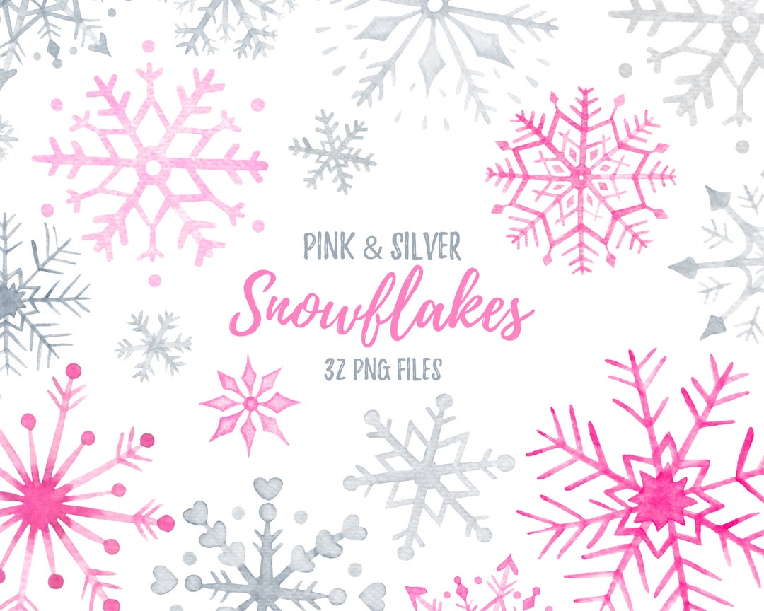 Pink Silver Snowflakes Watercolor Clip Art, Christmas, Winter Wedding ...
