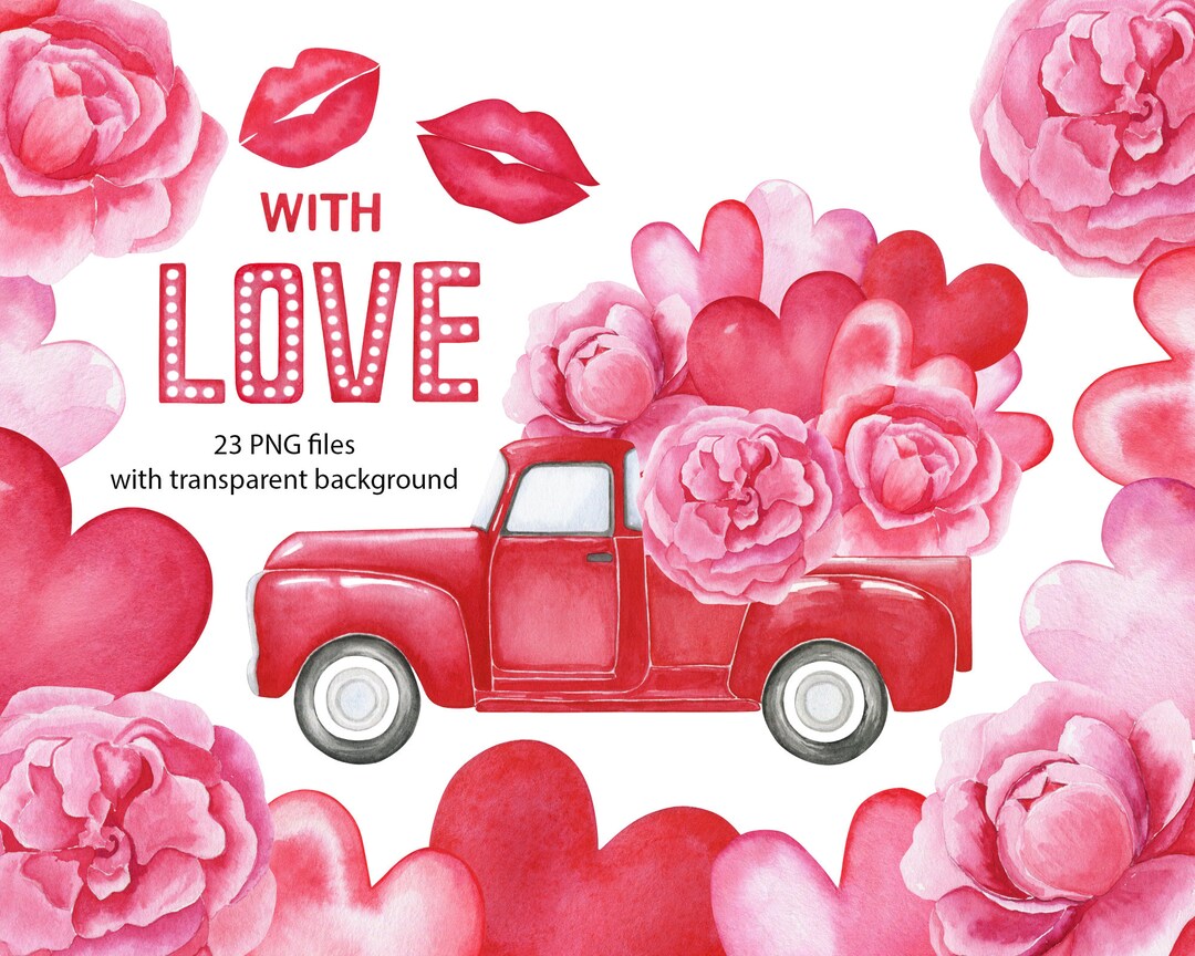 Watercolor Valentine's Day Clipart, Red Truck With Flowers and Hearts ...
