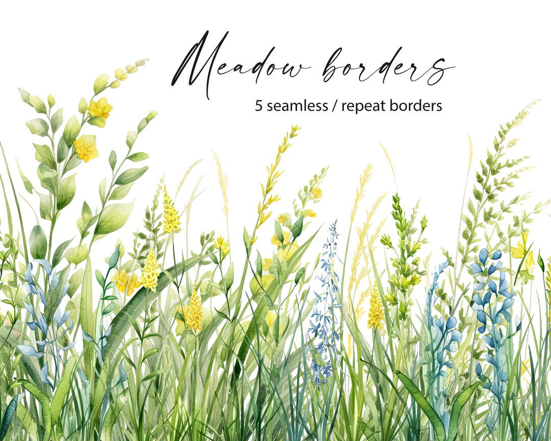 Meadow Seamless Borders, Wildflowers and Grass Clipart, Field Endless ...