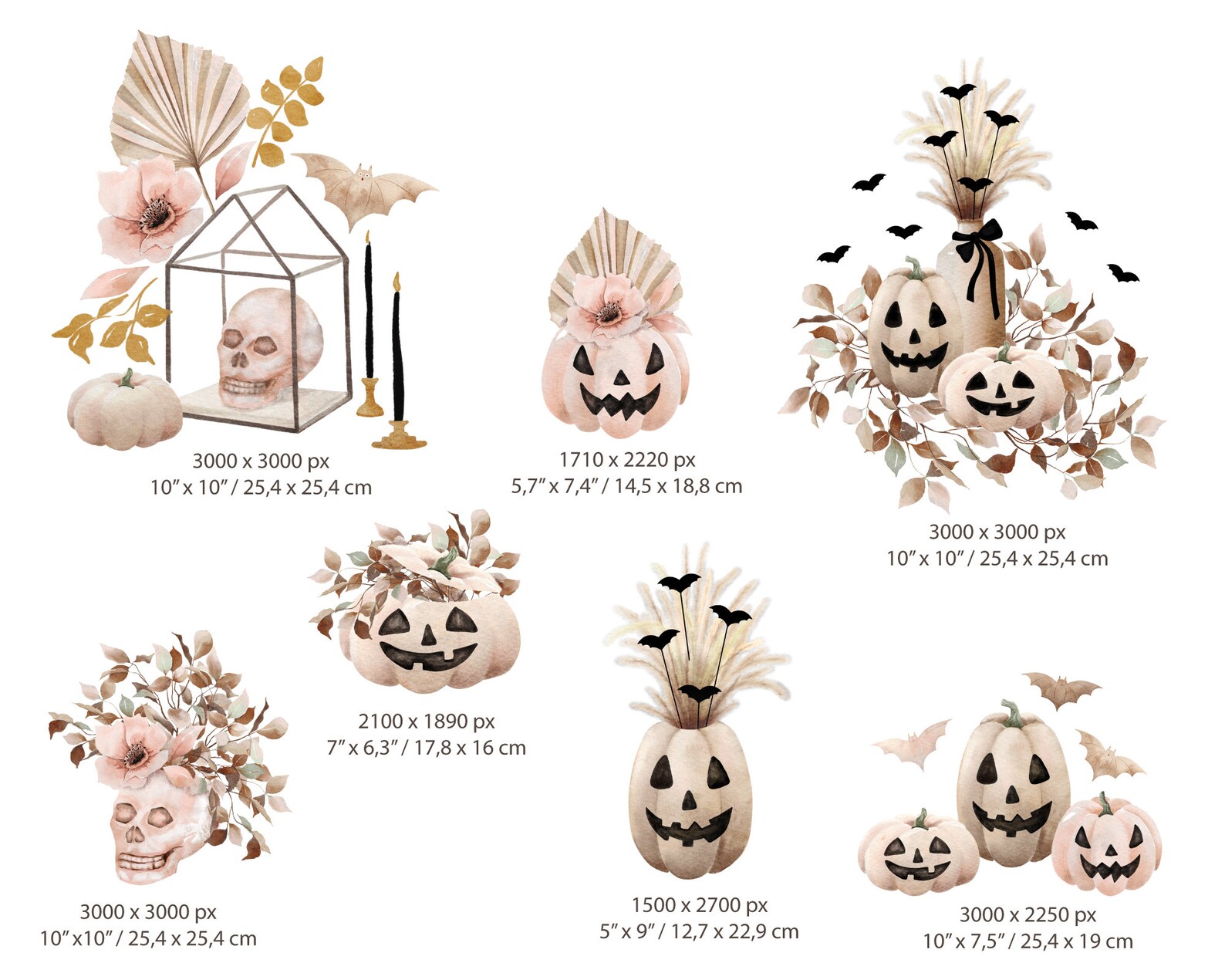 Halloween Boho Clipart Watercolor Illustrations Pumpkins - Etsy