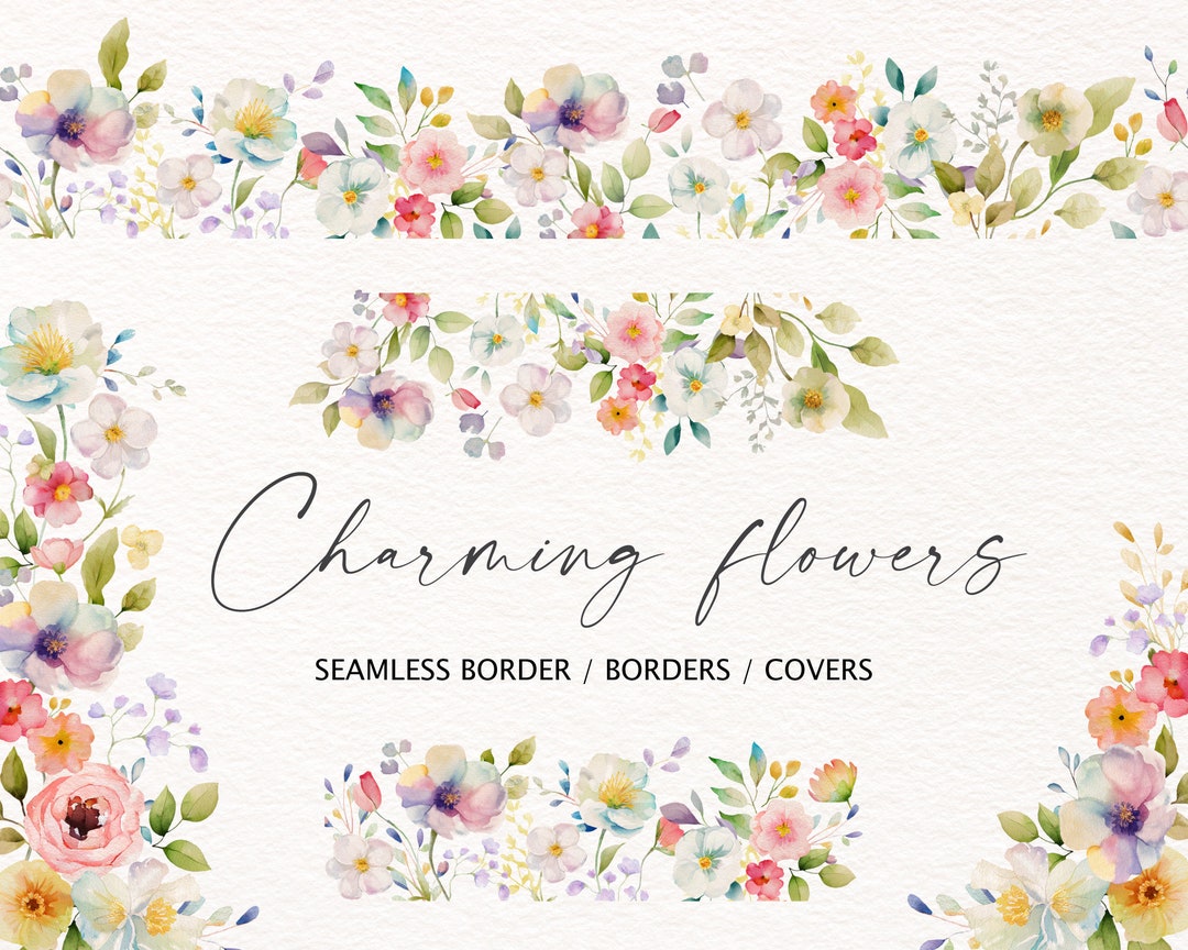 Watercolor Floral Borders, Seamless Border, Floral Corner, Repeat ...