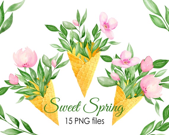 Watercolor Floral Ice Cream Clipart. Hello Spring Png. Blush | Etsy