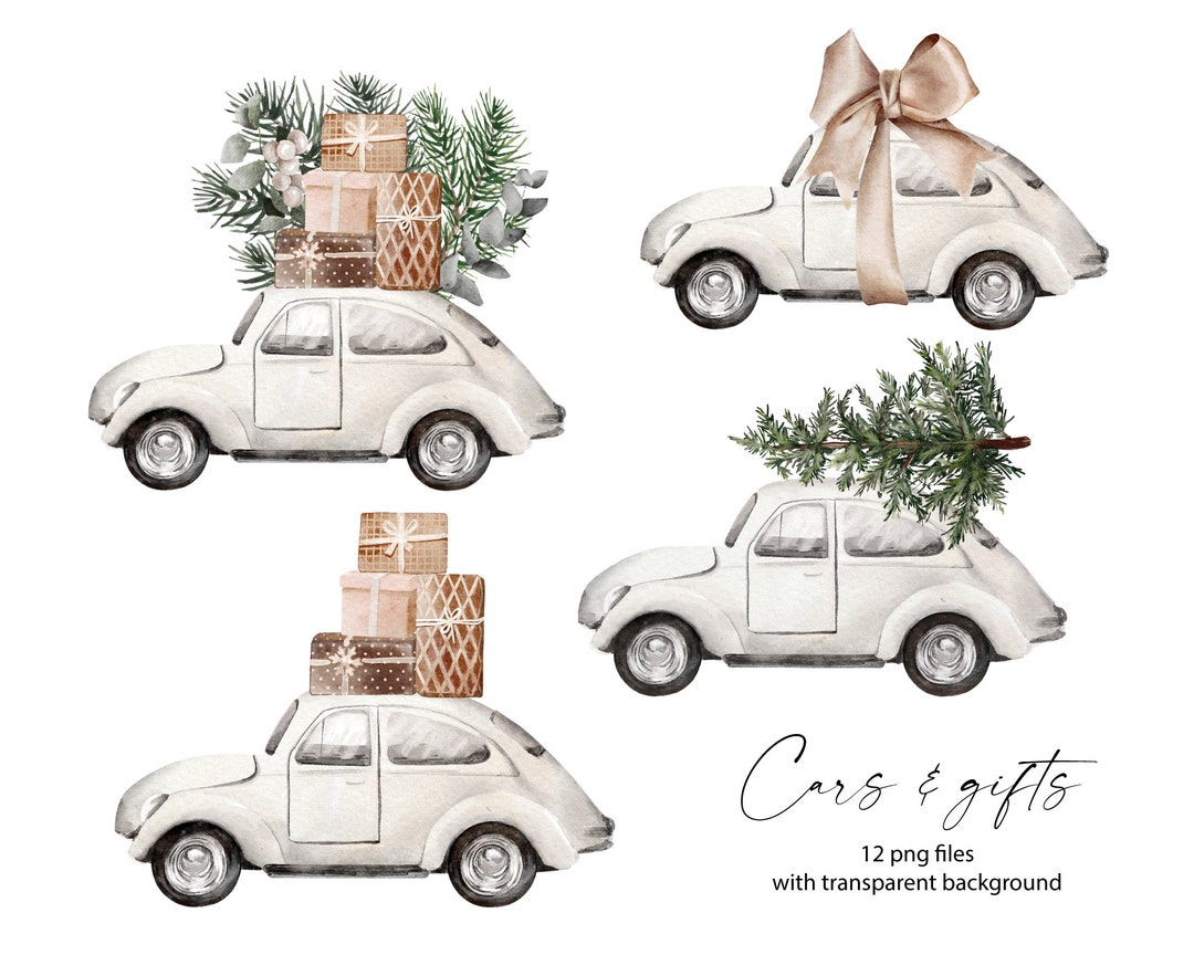 Watercolor Christmas Cars, White Retro Car With Christmas Tree, Gifts ...