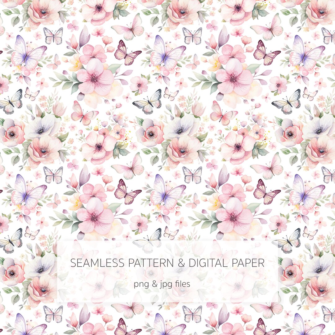 Butterflies and Flowers Digital Paper - Watercolor Floral Butterfly ...