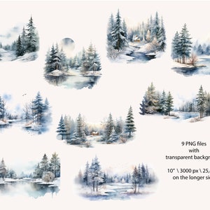 Watercolor Winter Clipart - 9 Winter Landscapes - Winter Scenery PNG ...