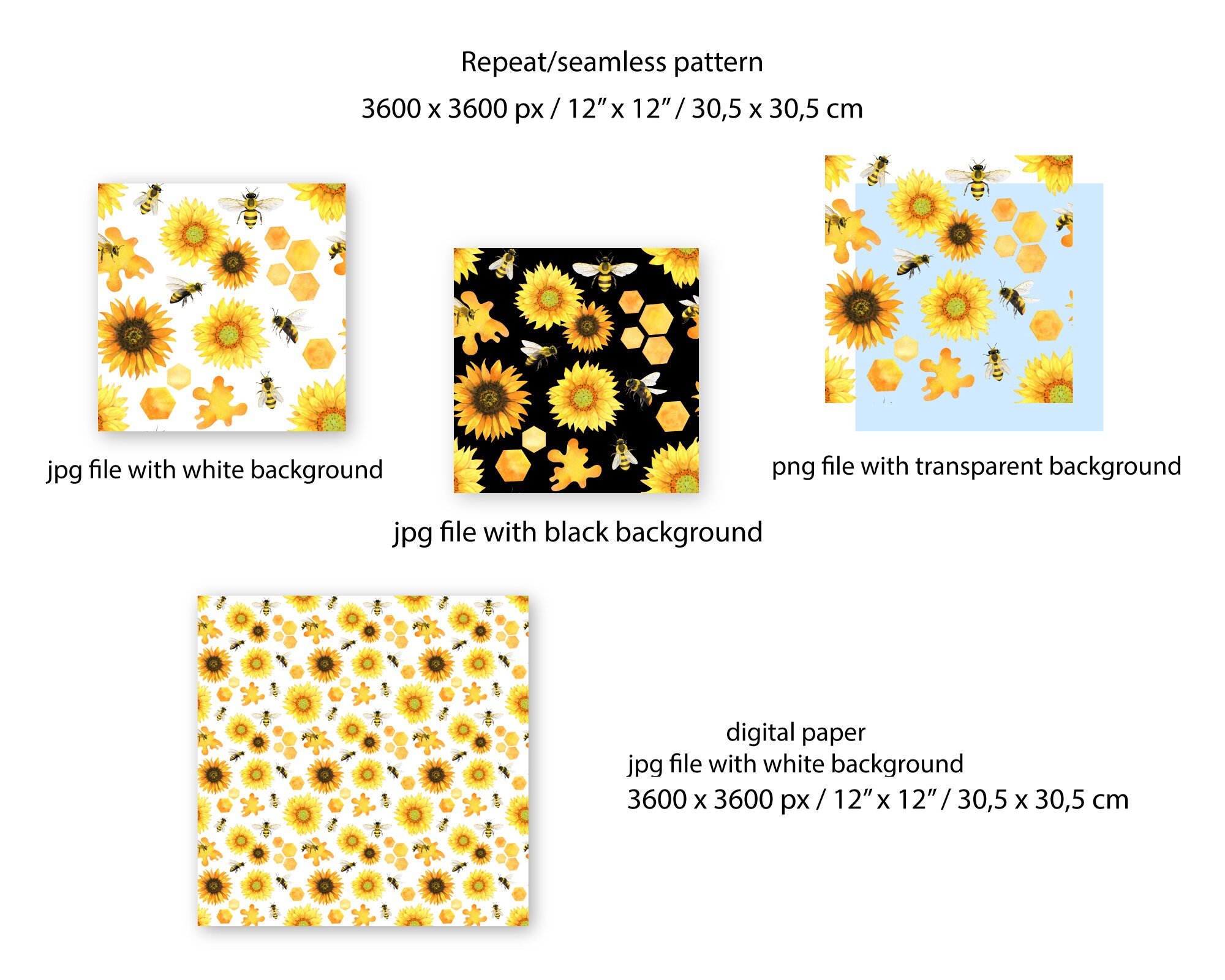 Sunflowers & Honey Bee Digital Paper, Repeat Seamless Pattern ...