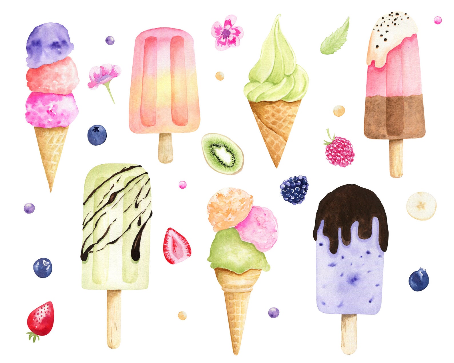 Ice Cream Watercolor Clipart. Popsicles Watercolor Clipart. Summer ...