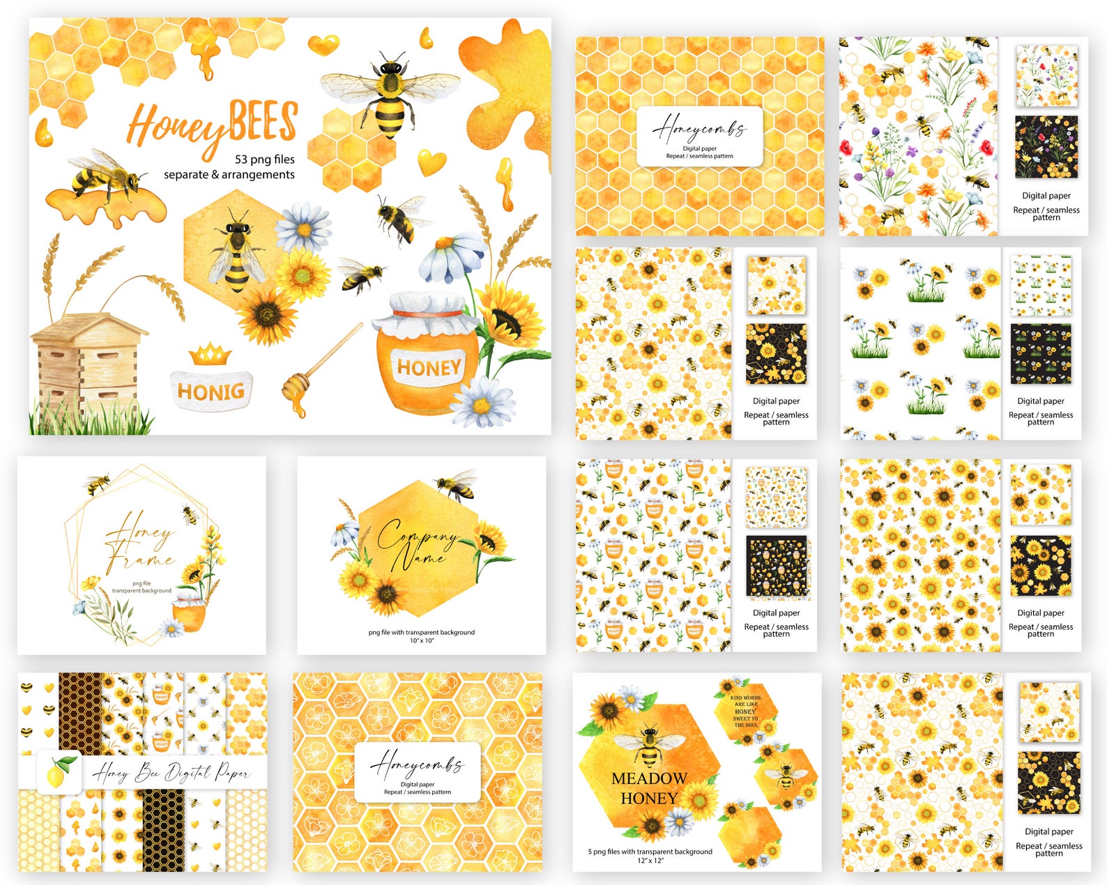 Honey Bee Bundle - Bee Seamless Pattern - Honeybee Digital Paper ...