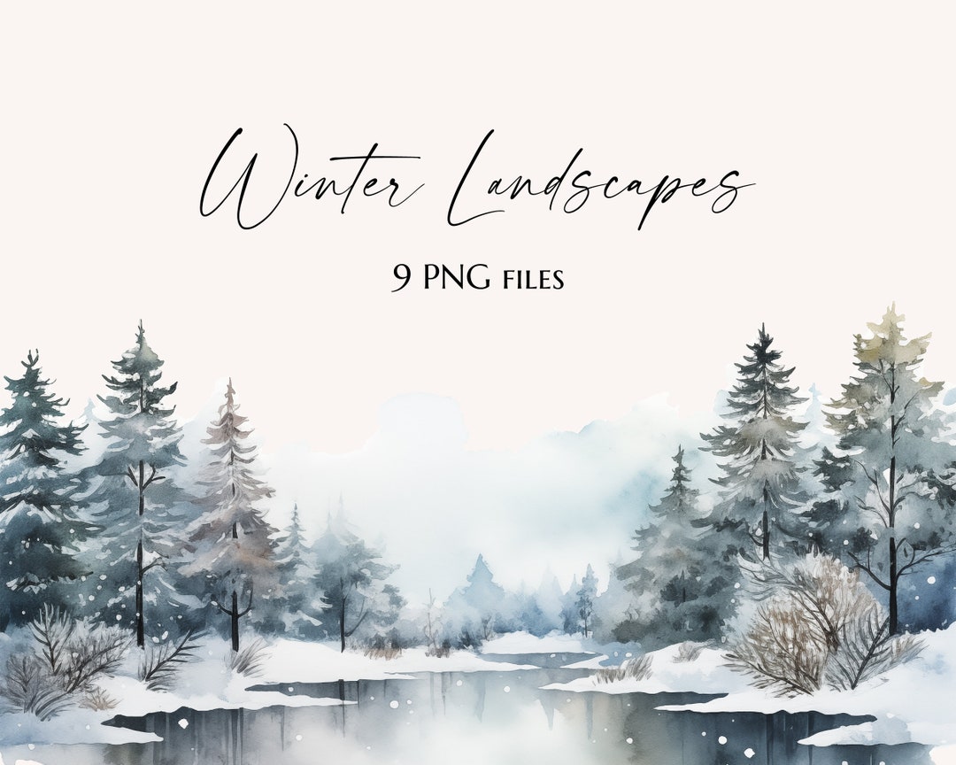Watercolor Winter Clipart - 9 Winter Landscapes - Winter Scenery PNG ...