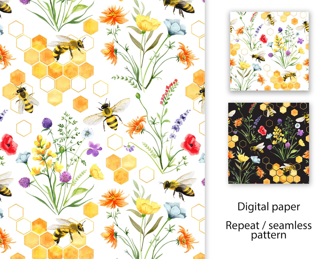 Wildflower and Bee Digital Paper, Repeat Seamless Pattern, Honeybee ...