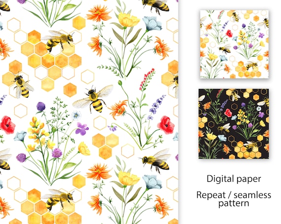 Wildflower and Bee Digital Paper Repeat Seamless Pattern | Etsy