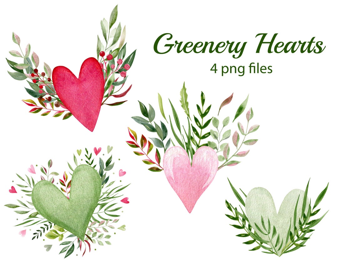 Watercolor Valentine Heart Clipart. Romantic Clipart. Greenery Hearts ...