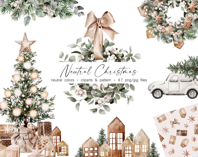 Cozy Winter Clipart, Pine PNG, Watercolor Neutral Christmas Graphics ...
