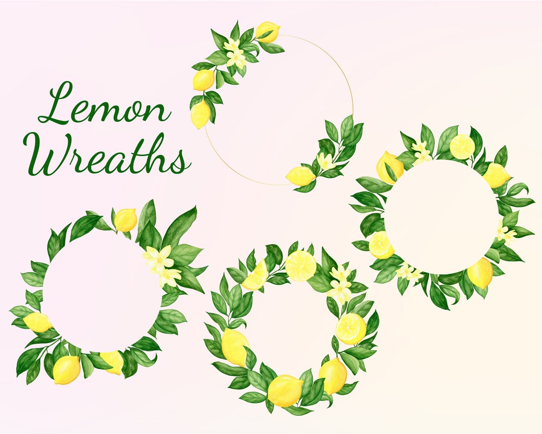 Lemon Wreaths Watercolor Clipart. Lemon Frame PNG. Bright, Yellow ...
