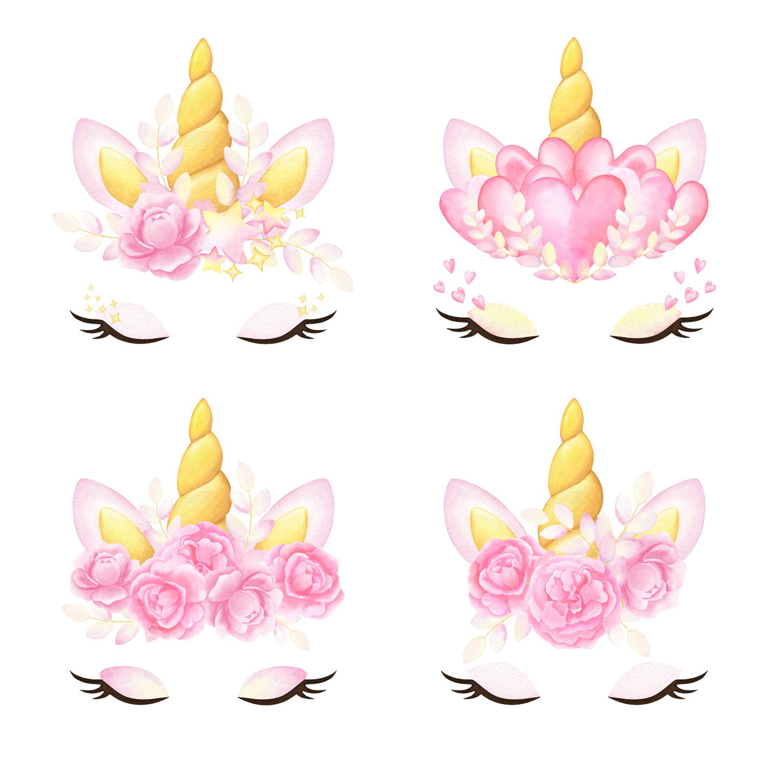 Unicorn Faces Watercolor Clipart. Heads Unicorn With Flowers, Floral ...