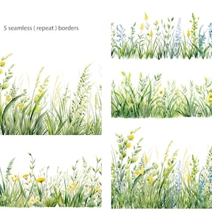 Meadow Seamless Borders, Wildflowers and Grass Clipart, Field Endless ...