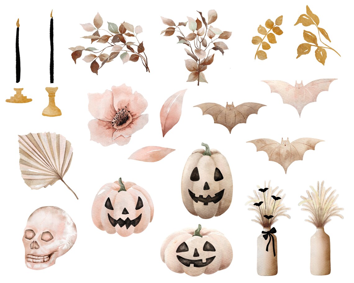 Halloween Boho Clipart Watercolor Illustrations Pumpkins - Etsy